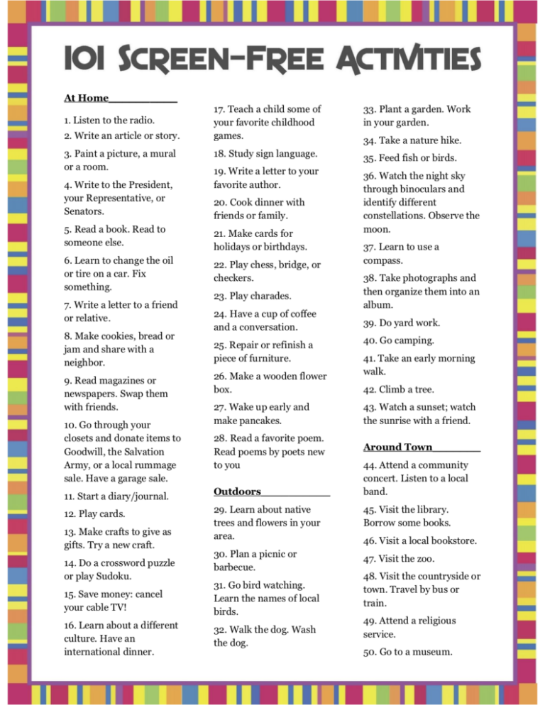 101 Screen-free Activities to Boost Your Mental Health - Sunstone ...